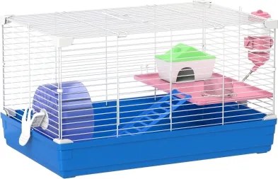 Klec PawHut pro křečky, dům pro hlodavce s běhacím kolem, miskou na krmivo, napáječkou, domečkem a rampami pro myši páskové 47x30x27 cm modrá
