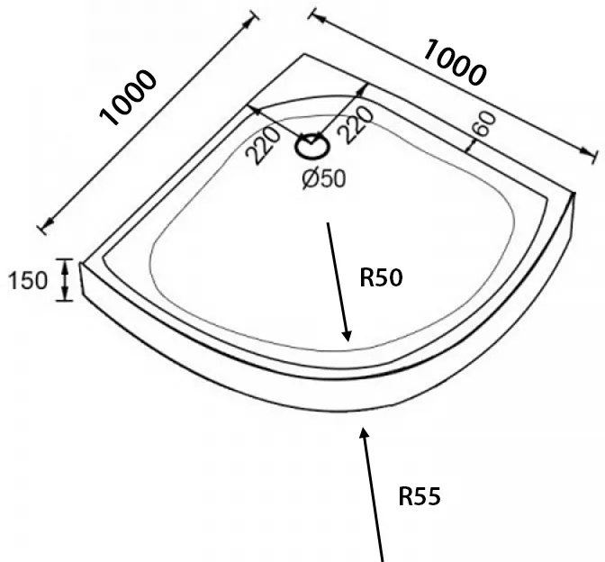 BPS-koupelny Čtvrtkruhová akrylátová sprchová vanička HYD-RSV-SXL01C 100x100 černá