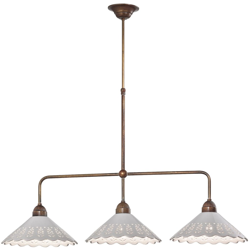 Il Fanale 065.25.OC Fior di Pizzo, závěsné svítidlo v rustikálním stylu z antické mosazi a keramiky, 3x15W LED E27, délka 115cm