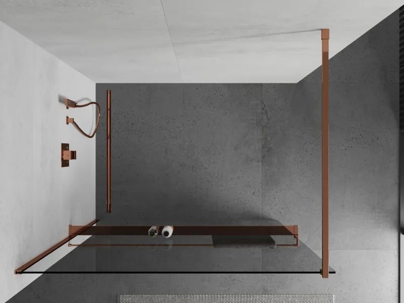 Mexen Kioto, sprchová zástěna Walk-in s poličkou a věšákem 125 x 200 cm, 8mm čiré sklo, profil růžové zlato, 800-125-121-60-00