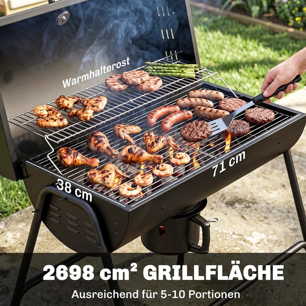 Outsunny Kovový gril na dřevěné uhlí BBQ udírna s víkem Teploměr Kolečka Grilovací vozík 95x71,5x102 cm Černá barva
