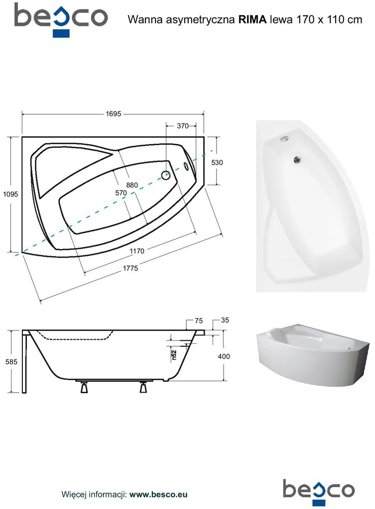 BESCO Asymetrická vana RIMA Nožičky k vaně - Bez nožiček, Rozměr vany - 170 × 110 cm, Způsob provedení - Levé - VANRIM170L