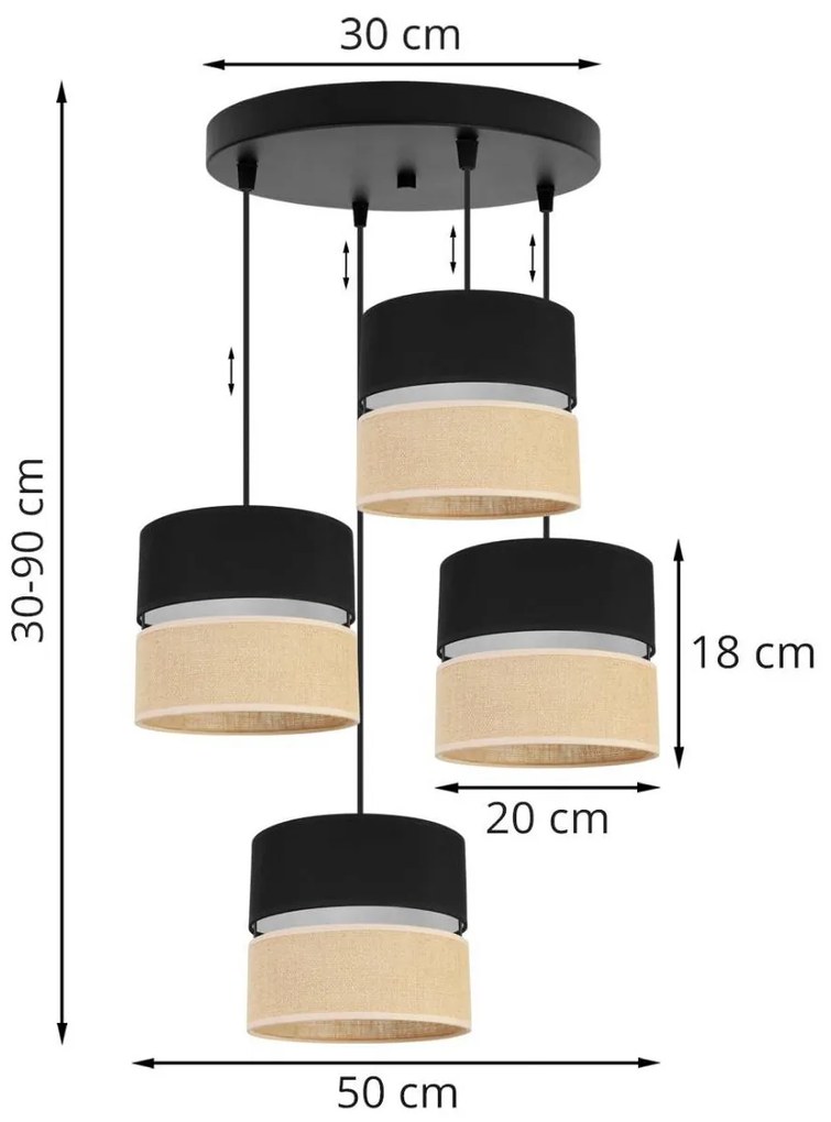 Závěsné svítidlo Juta, 4x jutové/černé textilní stínítko, o, b