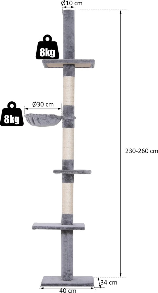 PawHut škrabadlo stropní vysoké šedé 40x34x230-260cm, výškově nastavitelný strom pro kočky se sisalovými sloupky pro šplhání a škrábání