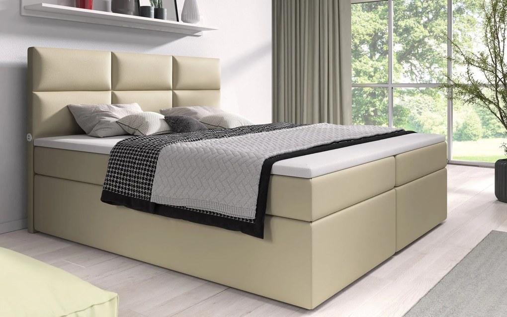 K&M postele Boxspring postel CAMELIA s úložným prostorem a USB Velikost postele: 140 × 200 cm, Výběr matrace: Taštičková zónová matrace - měkká (70–1…