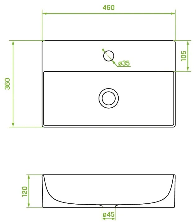 Laveo Kvadrato, keramické umyvadlo na desku nebo na zeď 460×360×120 mm, bílá lesklá, LAV-VUK_6146