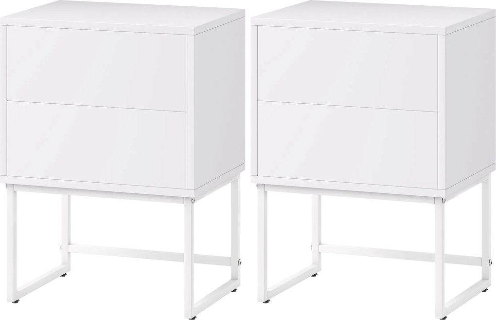 HOMCOM Sada 2 Úzkých Nočních Stolků s 2 Výsuvnými Zásuvkami a Ocelovými Nohy Moderní Styl 40x30x55 cm Bílá | Aosom