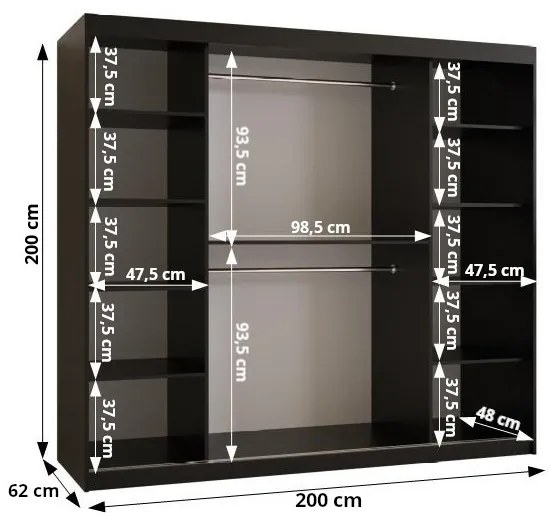 Šatní skříň KORRA 2 - 200 cm, černá / černá