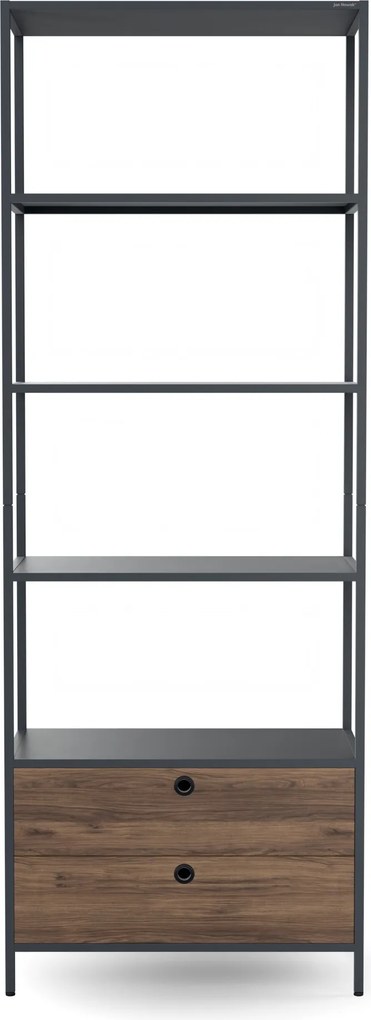 Regál se zásuvkami do kanceláře, na šanony a dokumenty, otevřené police, kovový, antracitový/ořech, 800x2200x400 mm: ARIEL Eco Design