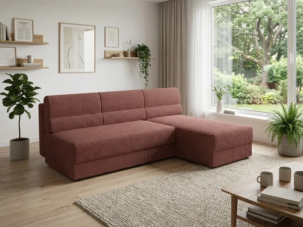 Rozkládací oboustranná sedací souprava do L TAVERO SLIM 201x140 cm, tmavě růžová