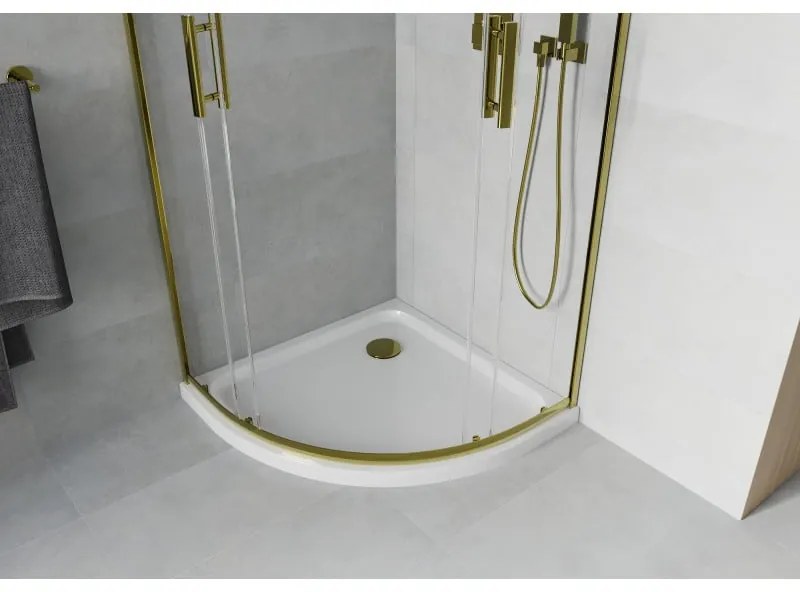 Mexen Rio, čtvrtkruhový sprchový kout s posuvnými dveřmi 80 (dveře) x 80 (dveře) x 190 cm, 5mm čiré sklo, zlatý profil + bílá sprchová vanička SLIM, 863-080-080-50-00-4110G