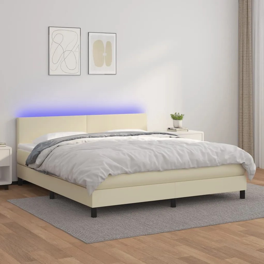 Box spring postel s matrací a LED krémová 160x200 cm umělá kůže 3134113