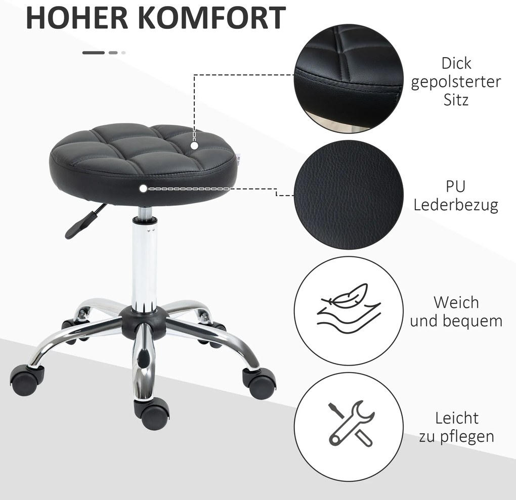 HOMCOM Vinsetto Roll Stool Výškově nastavitelná otočná pracovní stolička černá Ø35,5 cm, umělá kůže pro kancelář a salon 51-67 cm | Aosom.de