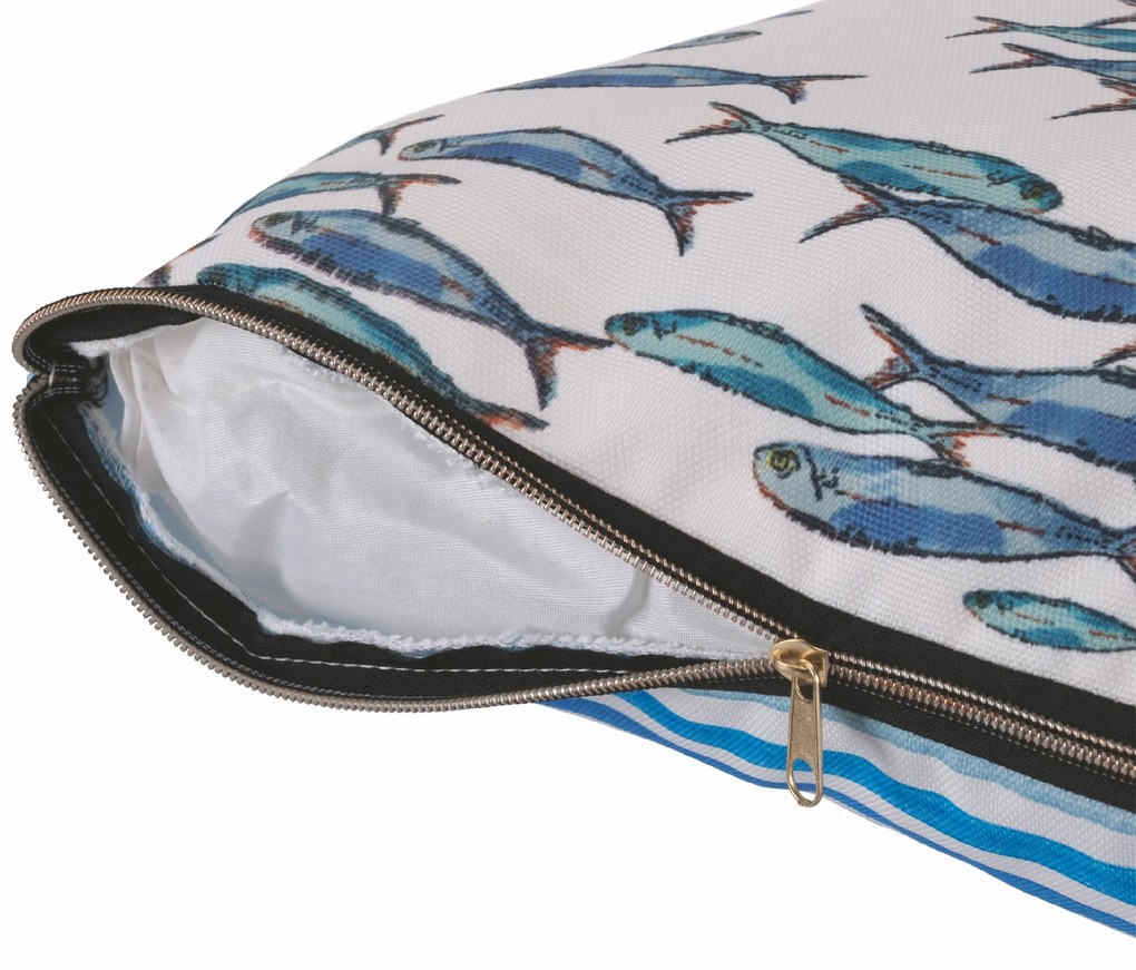 VILLA D’ESTE HOME TIVOLI Set designových polštářů Paranza 2 kusů, modrá/bílá, ryby a pruhy, 45x45 cm