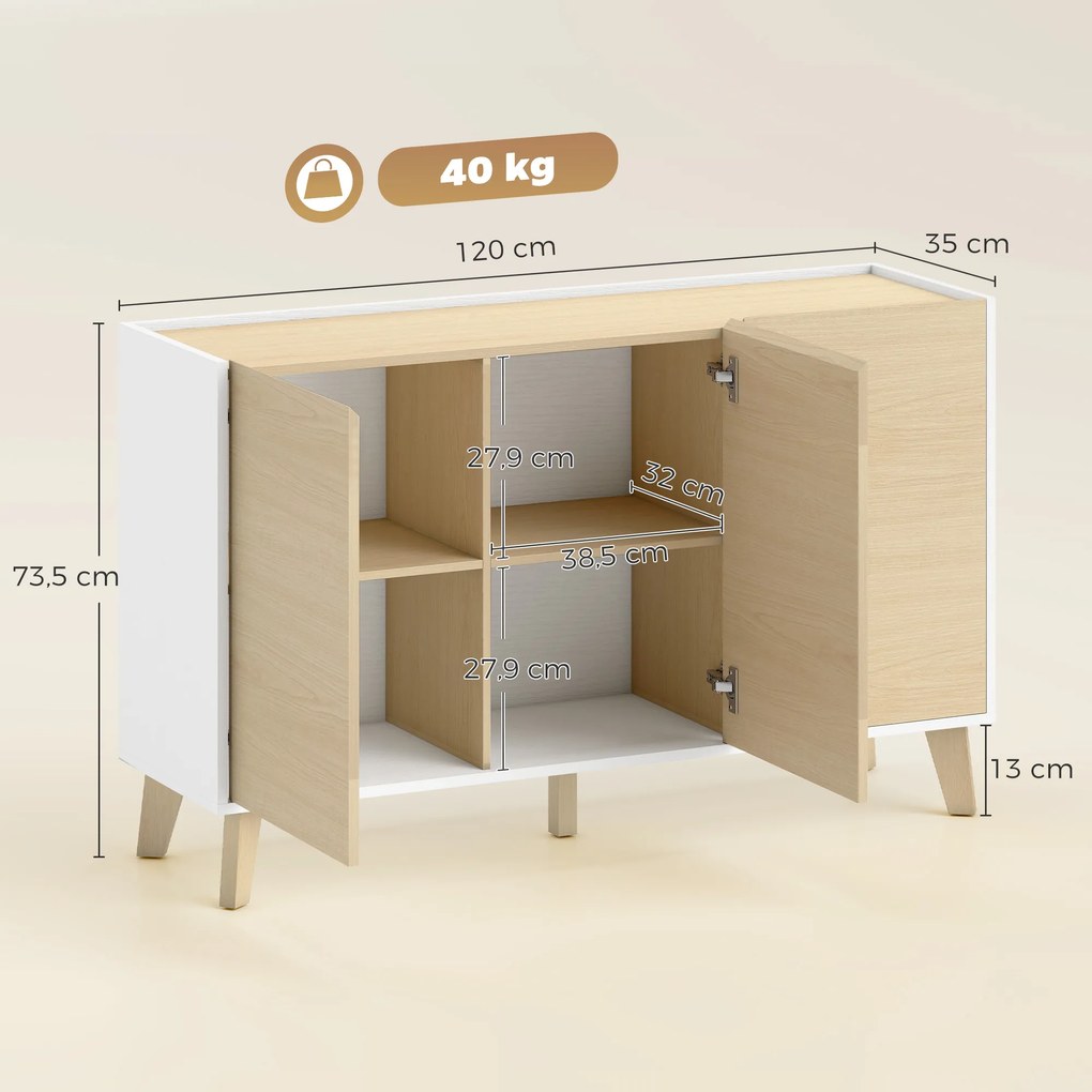 HOMCOM kuchyňské buffet, severský úložný nábytek, 3 dveře se soft-close, 6 přihrádek, přírodní vzhled dřeva a bílá