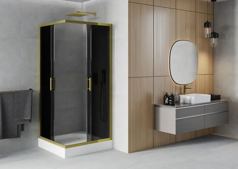 Mexen Rio, čtvercový sprchový kout s posuvnými dveřmi 90 (dveře) x 90 (dveře) x 190 cm, 5mm šedé sklo, zlatý profil + černá sprchová vanička RIO, 860-090-090-50-40-4510