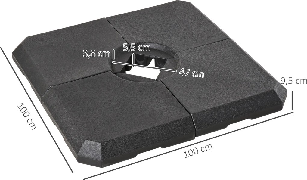 Outsunny Zátěž na deštníky Outsunny, 4dílný stojan na deštníky, lze naplnit 80 kg vody nebo 120 kg písku, HDPE, černá, 100 x 100 x 9,5 cm | Aosom