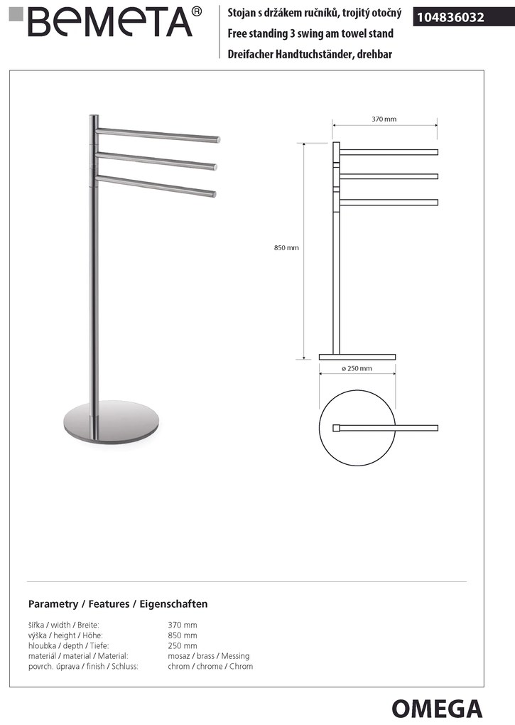 Bemeta Design OMEGA: Stojan s držákem ručníků trojitý otočný -