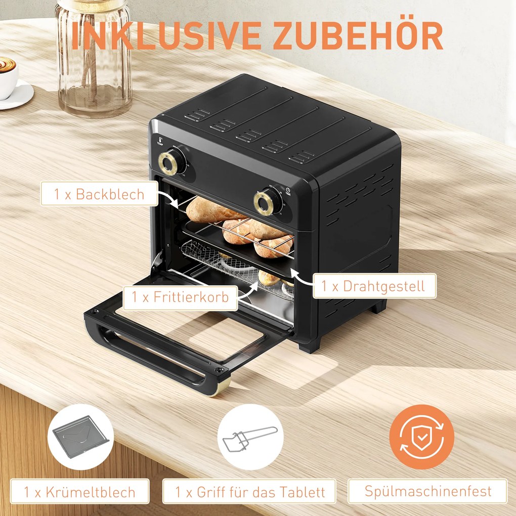 HOMCOM Minitrouba s horkovzduchem, fritéza s horkým vzduchem, časovač, vnitřní osvětlení, 10 L, černá