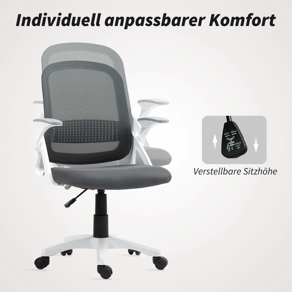 HOMCOM ergonomická síťovaná kancelářská židle se sklápěcími područkami, bederní oporou, výškově nastavitelná otočná židle s náklonem, šedá