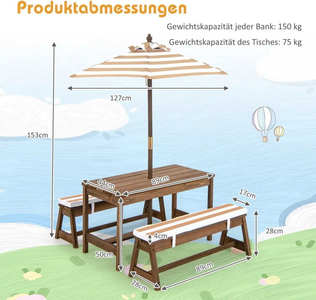 Costway Piknikový stůl se slunečníkem a lavice a set hnědé, hnědý