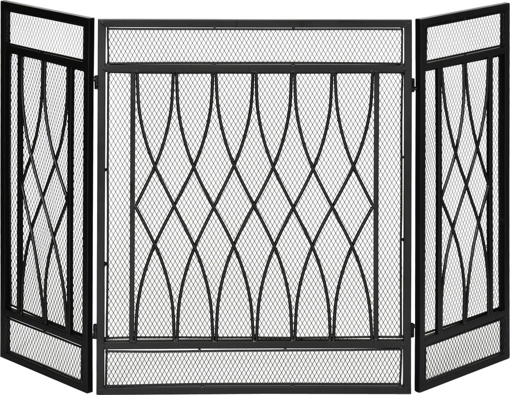 HOMCOM Skládací Ochranná Zástěna Krbu s 3 Panelovým Kloubovým Kovovým Rámem 126x3x80 cm Černá | Aosom