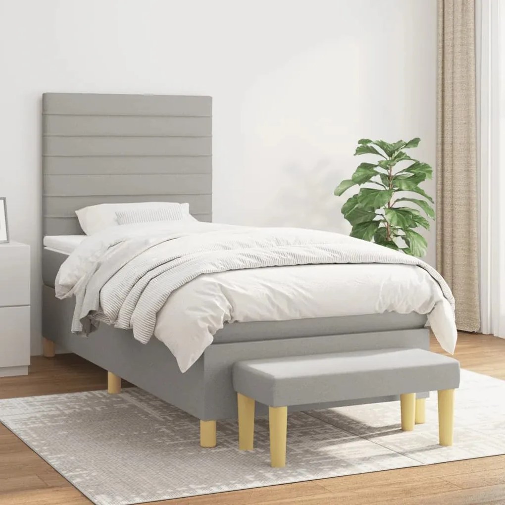 Box Spring Postel S Matrací Textil Světle Šedá vodorovné pruhy 90 x 200 c