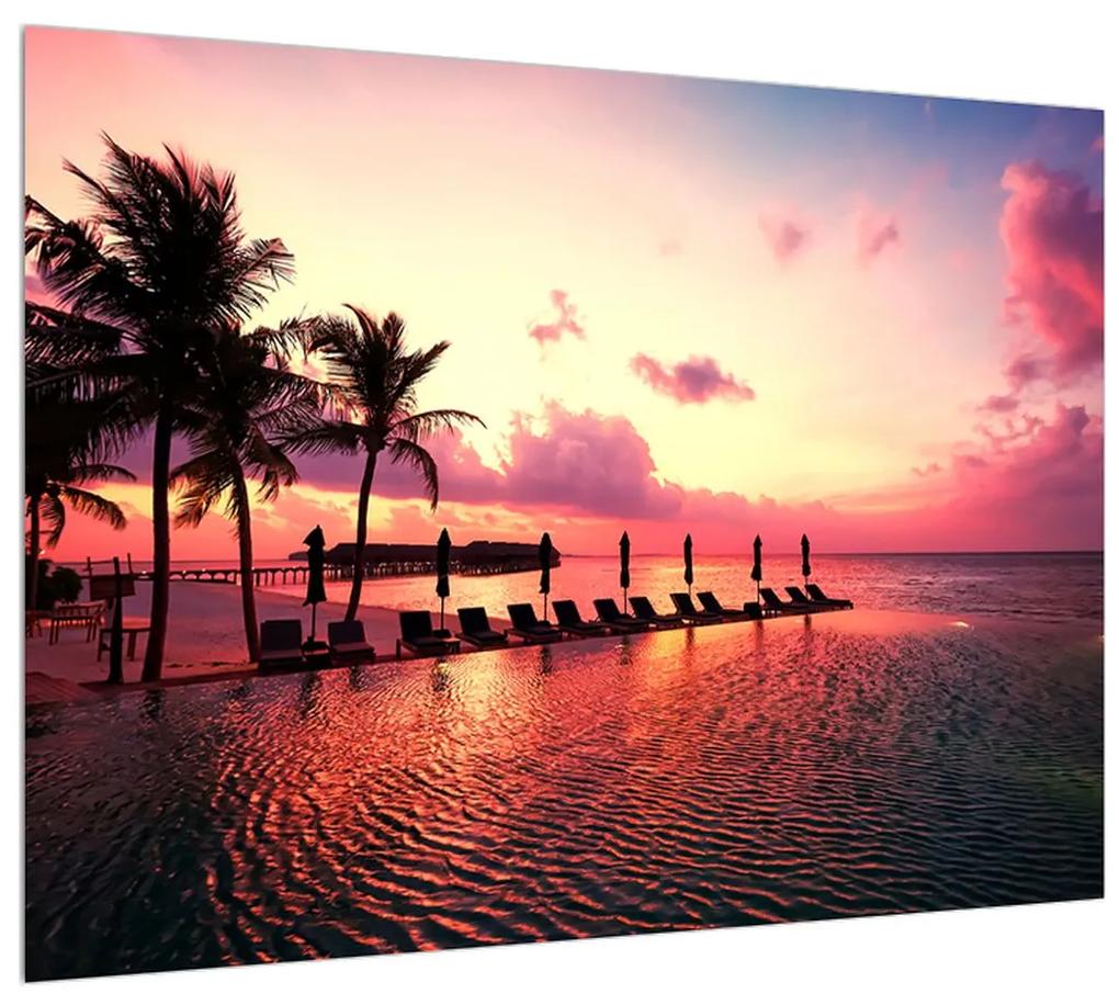 Obraz pláže s palmami a sluncem (70x50 cm)