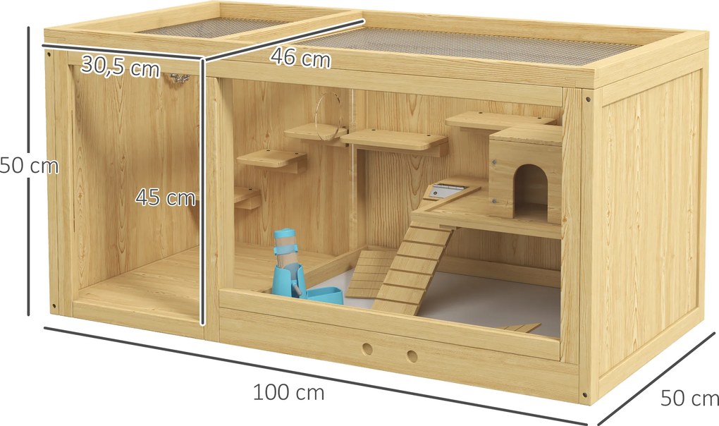 PawHut klec pro křečky dřevěná bouda pro malá zvířata, domeček pro pískomily, s houpačkami, žebříky, otevírací střechou, bouda, 100cm, přírodní
