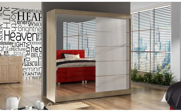 Elegantní šatní skříň BULAN III, dub Sonoma s bílými dveřmi a zrcadlem