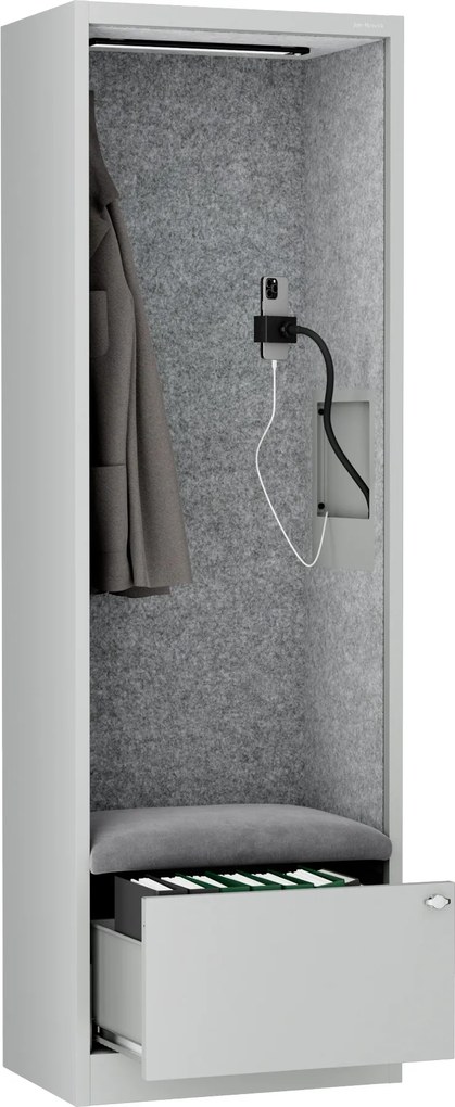 Kancelářská akustická kabina se sedátkem a USB-C portem, korpus šedý / sedák šedá, 600 mm: SALLY MentalBox
