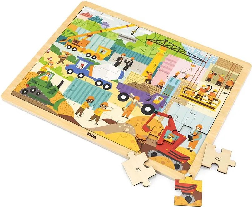 Dřevěné puzzle 48 dílků Viga Stavební stroje