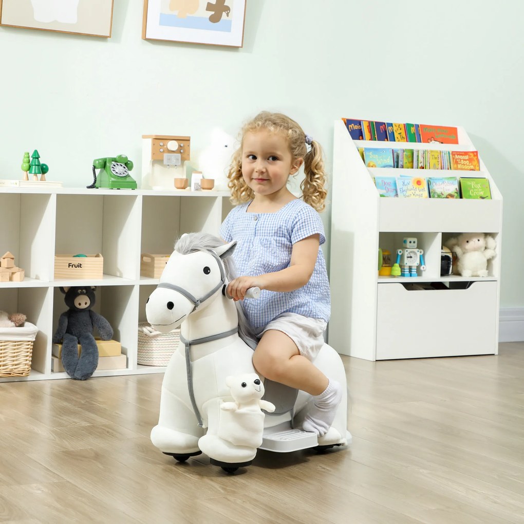 AIYAPLAY plyšový elektrický kůň s hudbou, baterie 6V, měkká srst, tichá PU kola, jízda vpřed, bílá