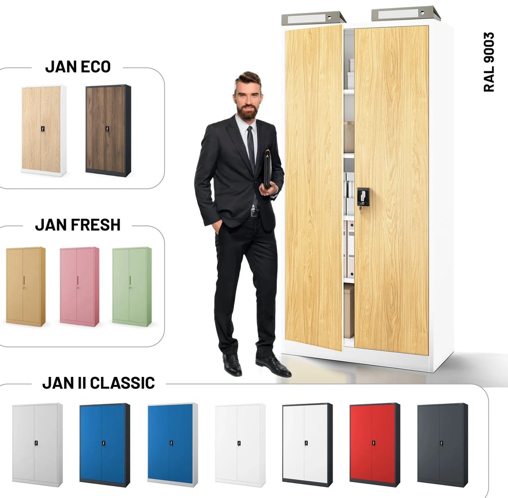 Vysoká kovová kancelářská skříň na dokumenty, bílá/zlatý dub, 900x1950x400 mm: JAN H Eco Design