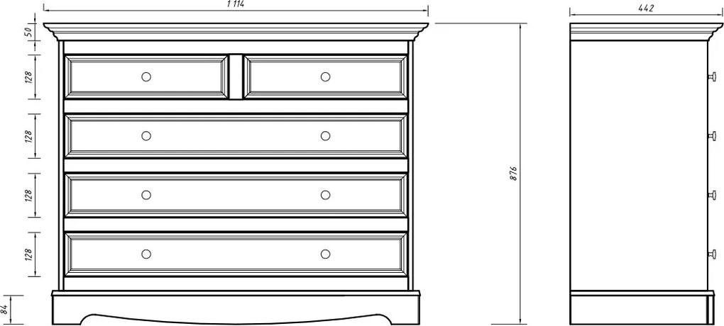 Bílý nábytek Komoda Belluno Elegante 5 šuplíky, šedá-borovice, masiv, borovice