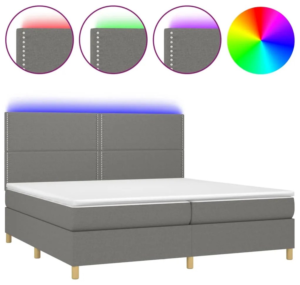 Box spring postel s matrací a LED tmavě šedá 200x200 cm textil,  3135382