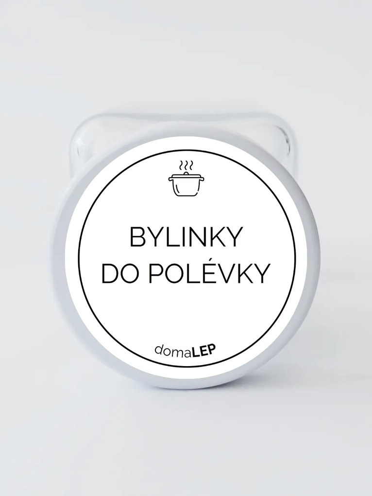 Samolepka na kořenky BYLINKY DO POLÉVKY bílá 5 cm základní písmo
