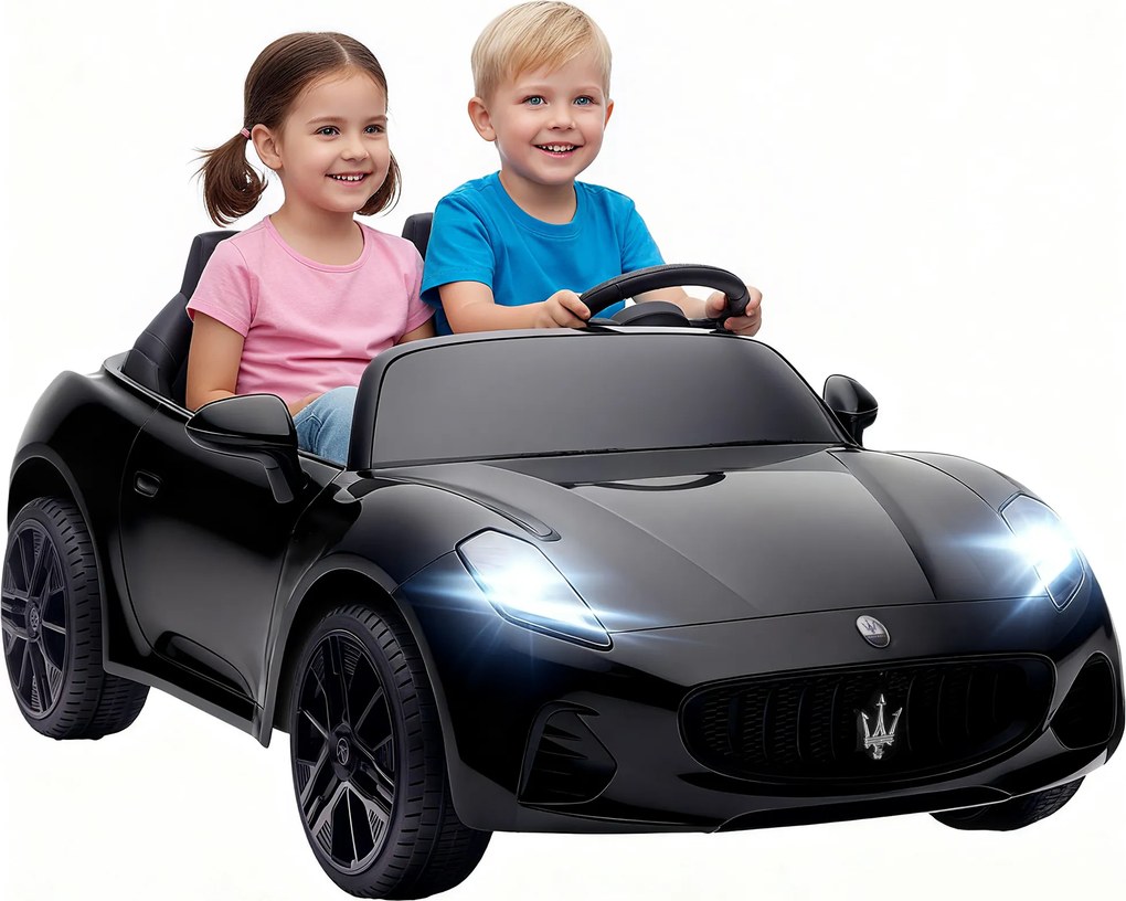 AIYAPLAY Dětské elektroauto Maserati, dvoumístné, 12V napájení z baterie, dálkové ovládání, LED světla, hudební funkce, černé