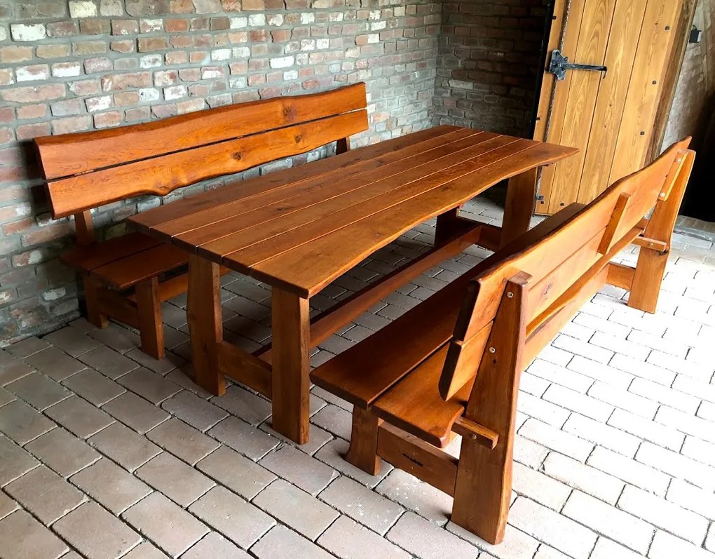 KULHÁNEK Zahradní dubová sestava - stůl, 2x lavice s opěradlem (rustikální provedení) Délka: 150 cm, Odstín nátěru: olej - ořech