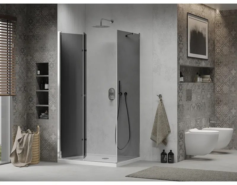 Mexen Lima skládací sprchový kout 80 x 110 cm, Grafitově černá, Chromovaná + sprchová vanička Flat, Bílá - 856-080-110-01-40-401