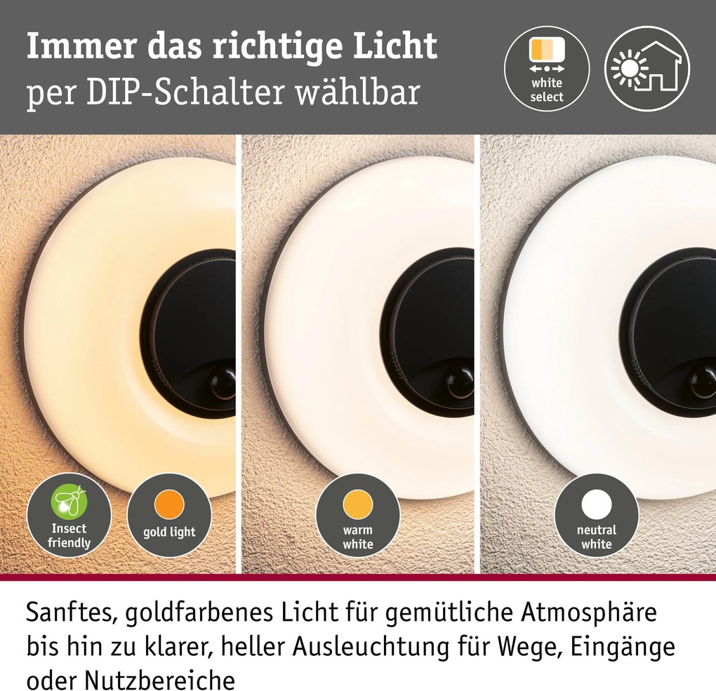 P 94956 LED venkovní nástěnné svítidlo Aureva pohybové čidlo IP65 kruhové 220mm 2200 - 4000K 20,5W 230V antracit/bílá polykarbonát - PAULMANN