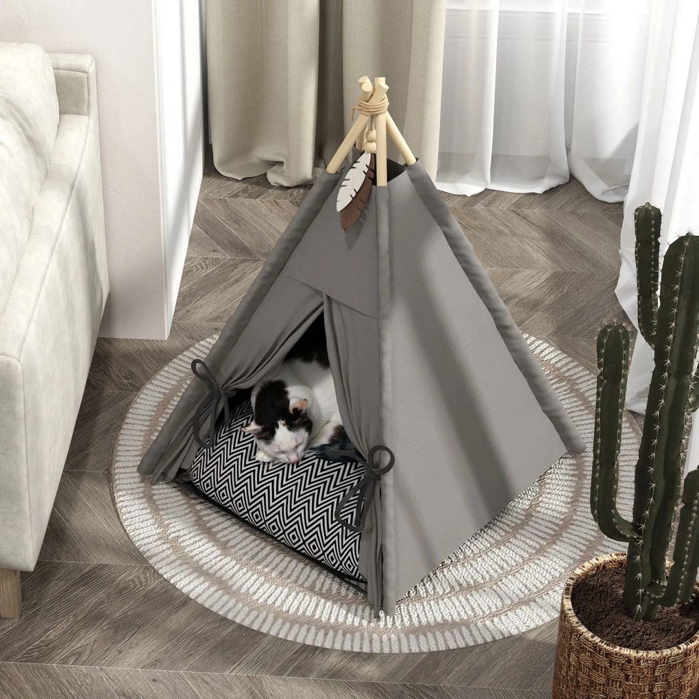 PawHut teepee stan pro domácí mazlíčky, stan pro kočky s odnímatelným a pratelným polštářem, domeček pro kočky s protiskluzovou podlahou, míček na hr…