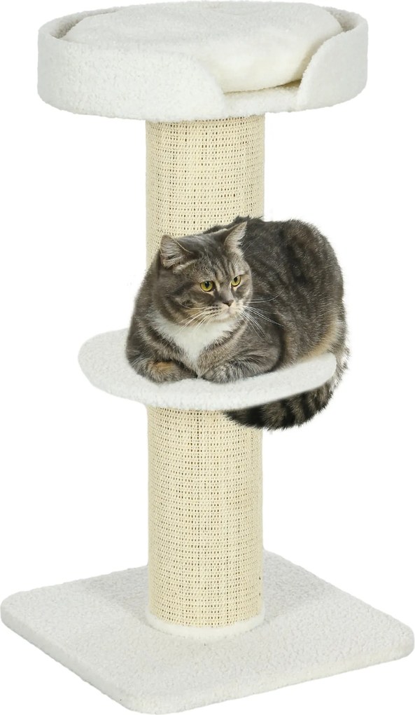 PawHut Kočičí škrabací strom Výška 91 cm 3-podlažní kočičí věž s odpočinkovou platformou a sisalovým sloupem 45x45x91 cm Krémová | Aosom