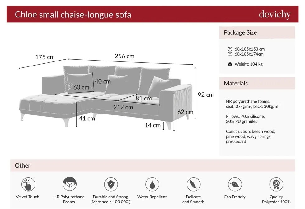 Tmavě zelená sametová rohová pohovka Devichy Chloe, pravý roh, 256 cm