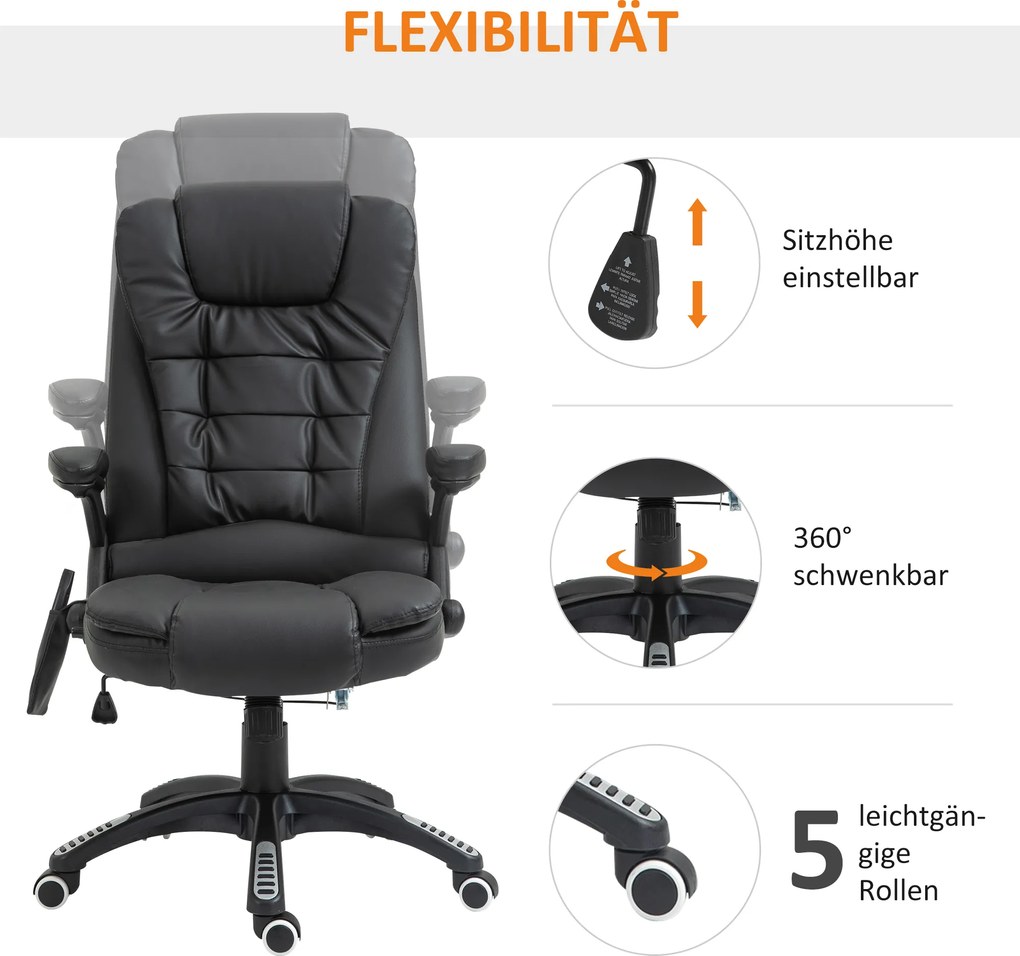 HOMCOM Kancelářské křeslo Manažerské křeslo s 6bodovou vibrační masáží a funkcí vyhřívání, imitace kůže, otočné, 62x68x111-121cm| Aosom