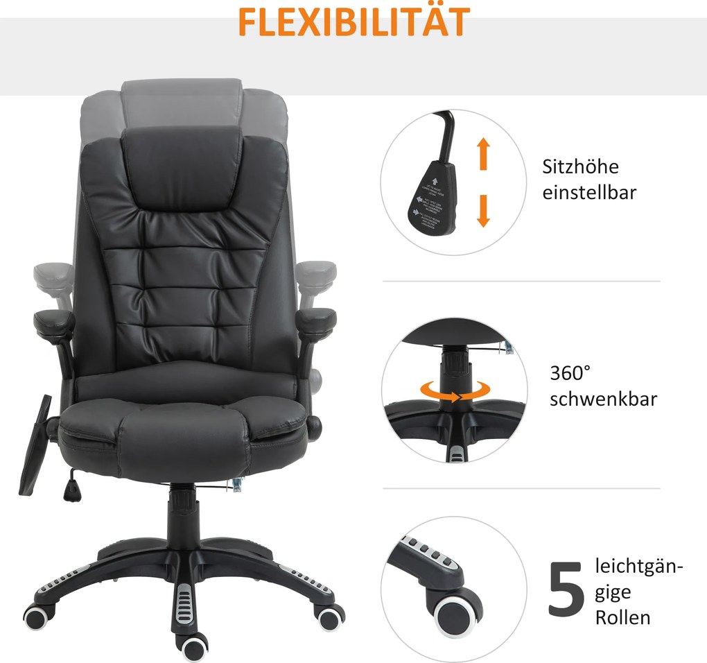 HOMCOM Kancelářské křeslo Manažerské křeslo s 6bodovou vibrační masáží a funkcí vyhřívání, imitace kůže, otočné, 62x68x111-121cm