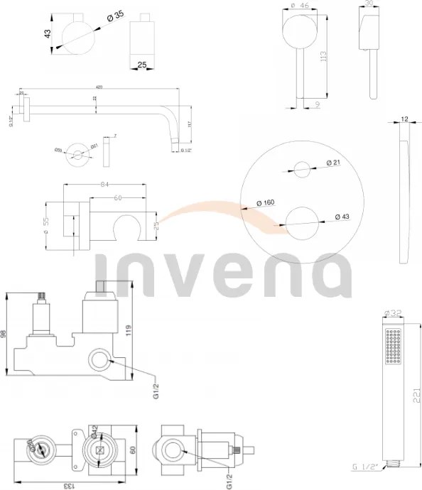 Invena Dafni, podomítková sprchová sada s dešťovou hlavovou sprchou 25cm, chrom lesklý, INV-BS-88-0O2-A
