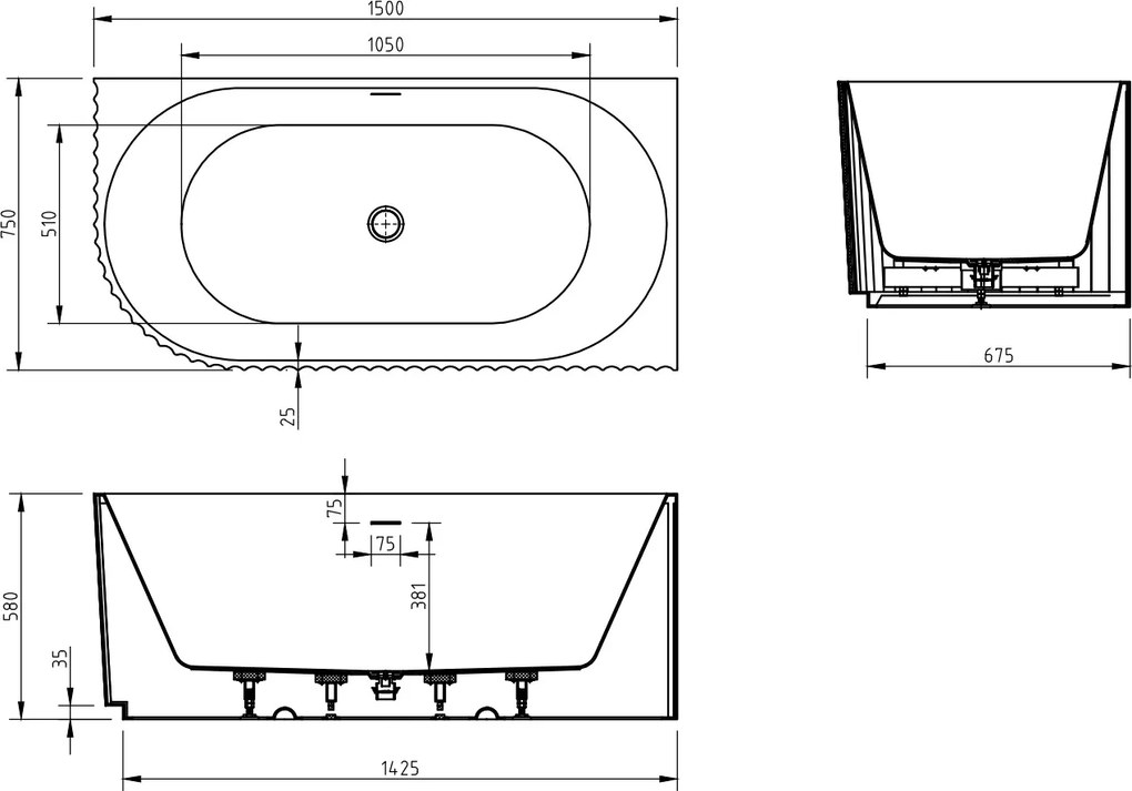 Mexen Gia, volně stojící rohová vana, drážkovaná, pravá, 150 x 75 cm, černá matná, 52701507571P-SS
