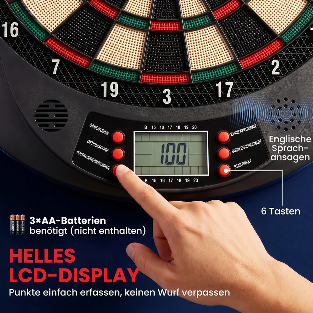 HOMCOM Elektronický šipkový terč, sada 6 šipek, 30 šipkových hlaviček, 26 her, 185 možností zásahů, pro 8 hráčů, vícebarevný
