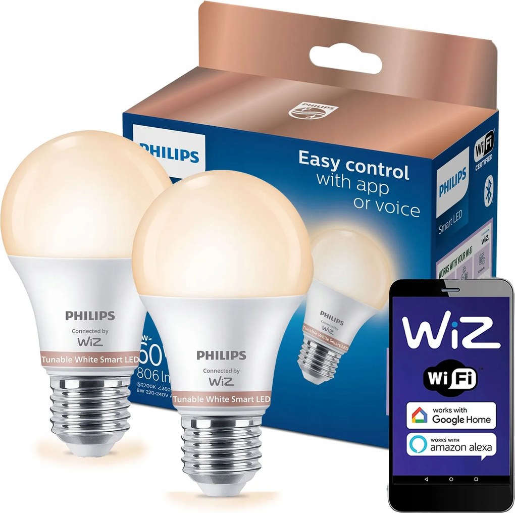 2x Led žárovka E27 A60 8W 60W 806lm 2700-6500K Smart WiFi Philips WiZ
